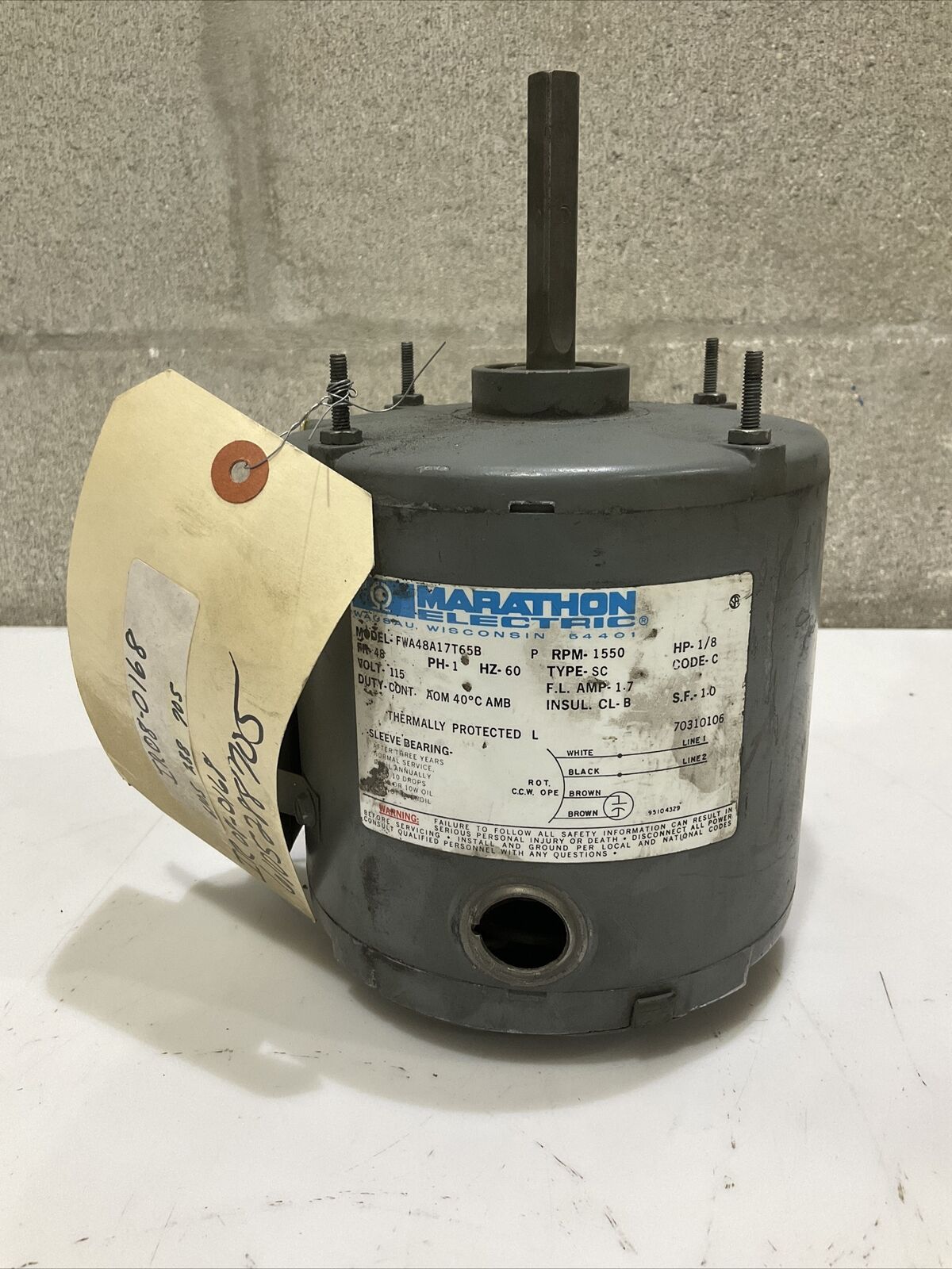 MARATHON ELECTRIC FWA48A17T65B MOTOR 1 PH 60 HZ 1550 RPM 115 VOLT 1/8 ...