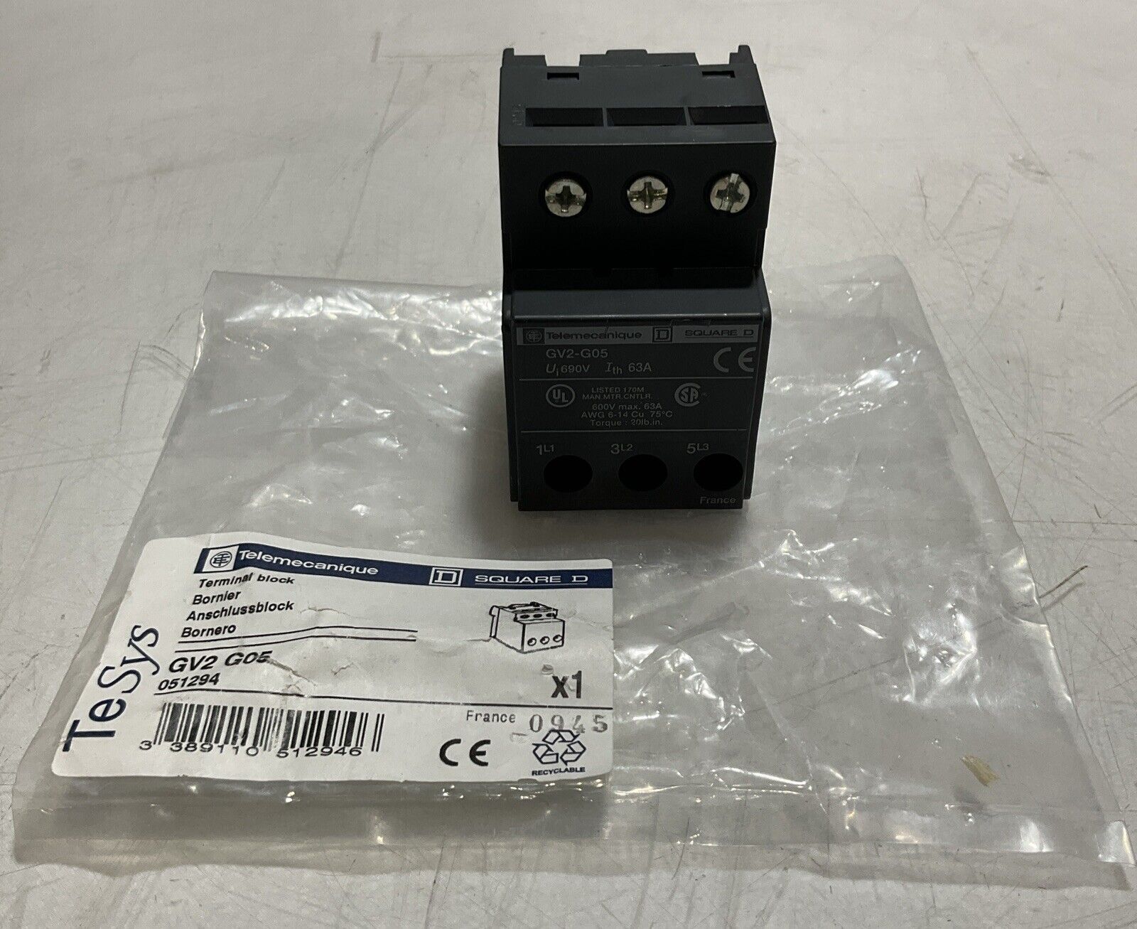 TELEMECANIQUE GV2G05 SQUARE D TERMINAL BLOCK MOTOR STARTER 690V 63A U3 ...