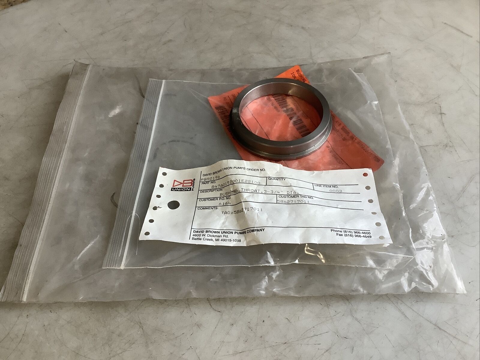 DAVID BROWN UNION PUMPS PB92196 847A0192001E22100 THROAT BUSHING 678 ...